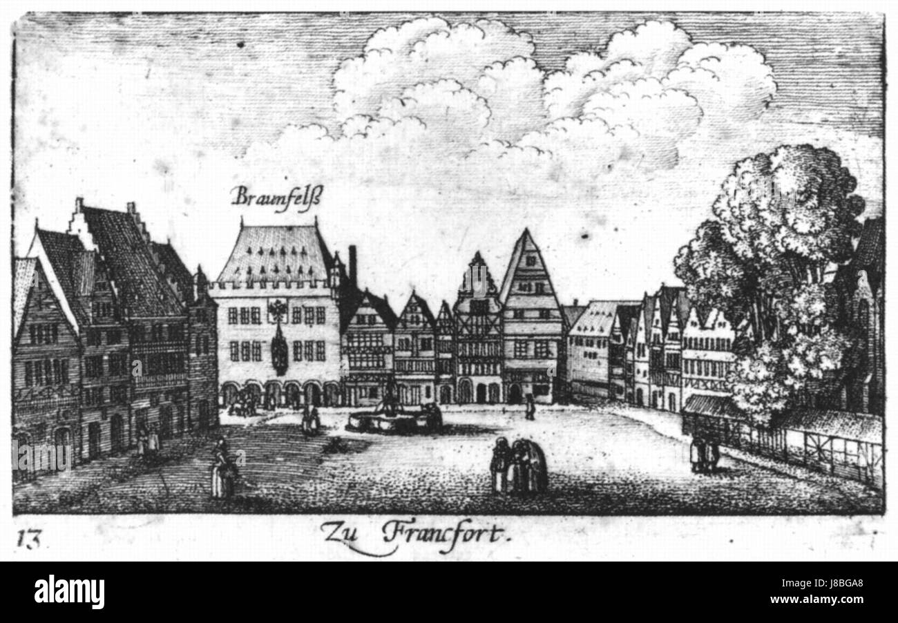 The 1635 artwork depicting the Liebfrauenberg in Frankfurt shows the ...