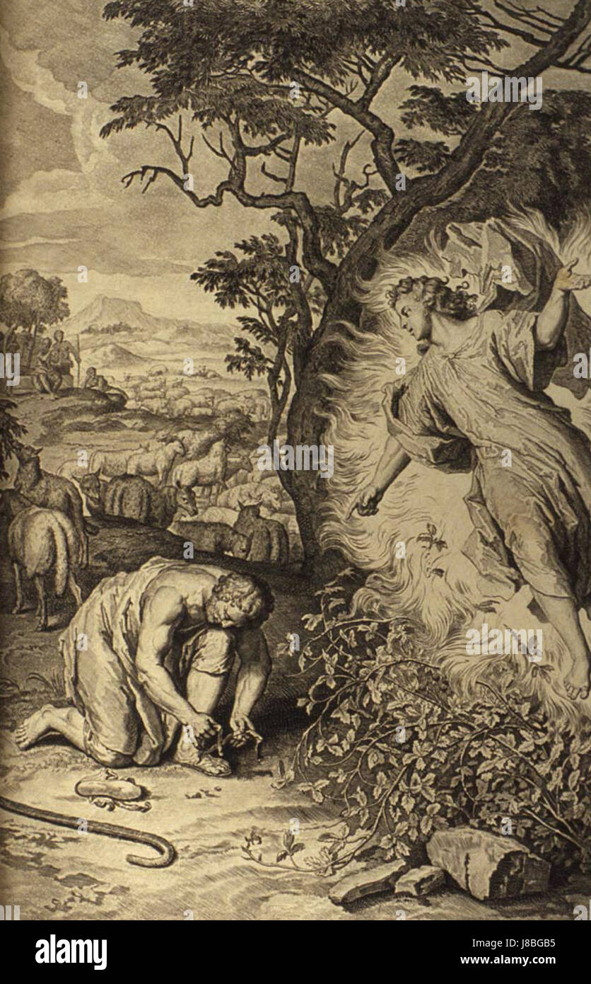 This image depicts the Biblical scene where God appears to Moses in the ...