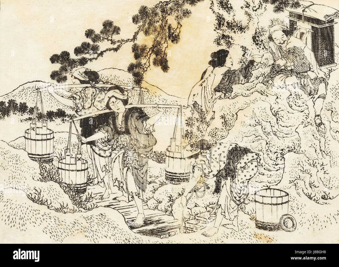 This image depicts four women engaged in the labor-intensive task of ...