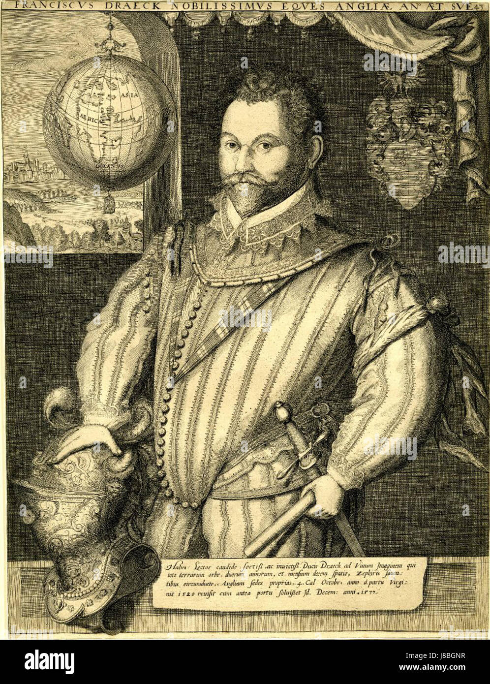 This engraving by Jodocus Hondius depicts the famous English explorer ...
