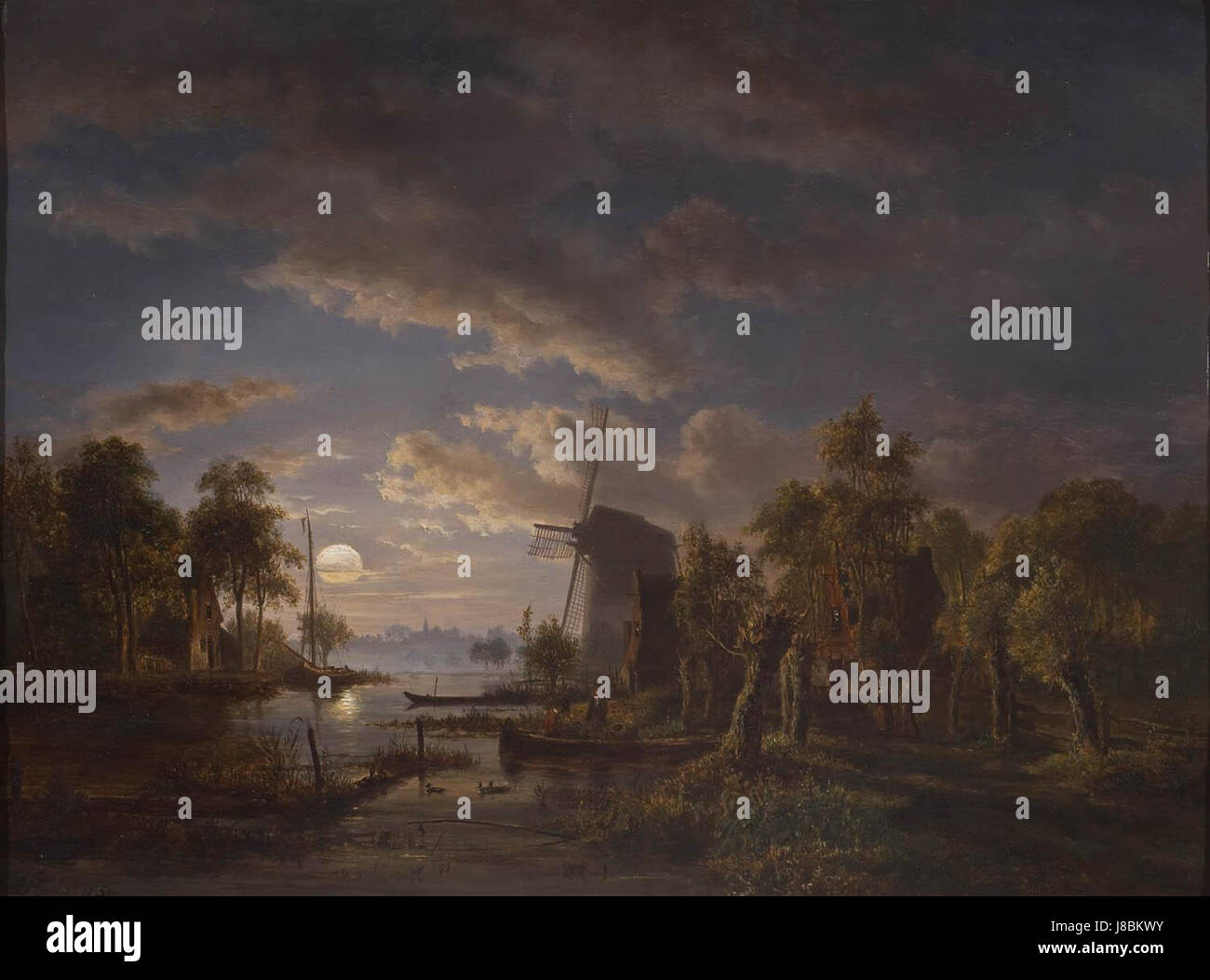 Jacob Abels Rivier en molen in maneschijn Stock Photo - Alamy