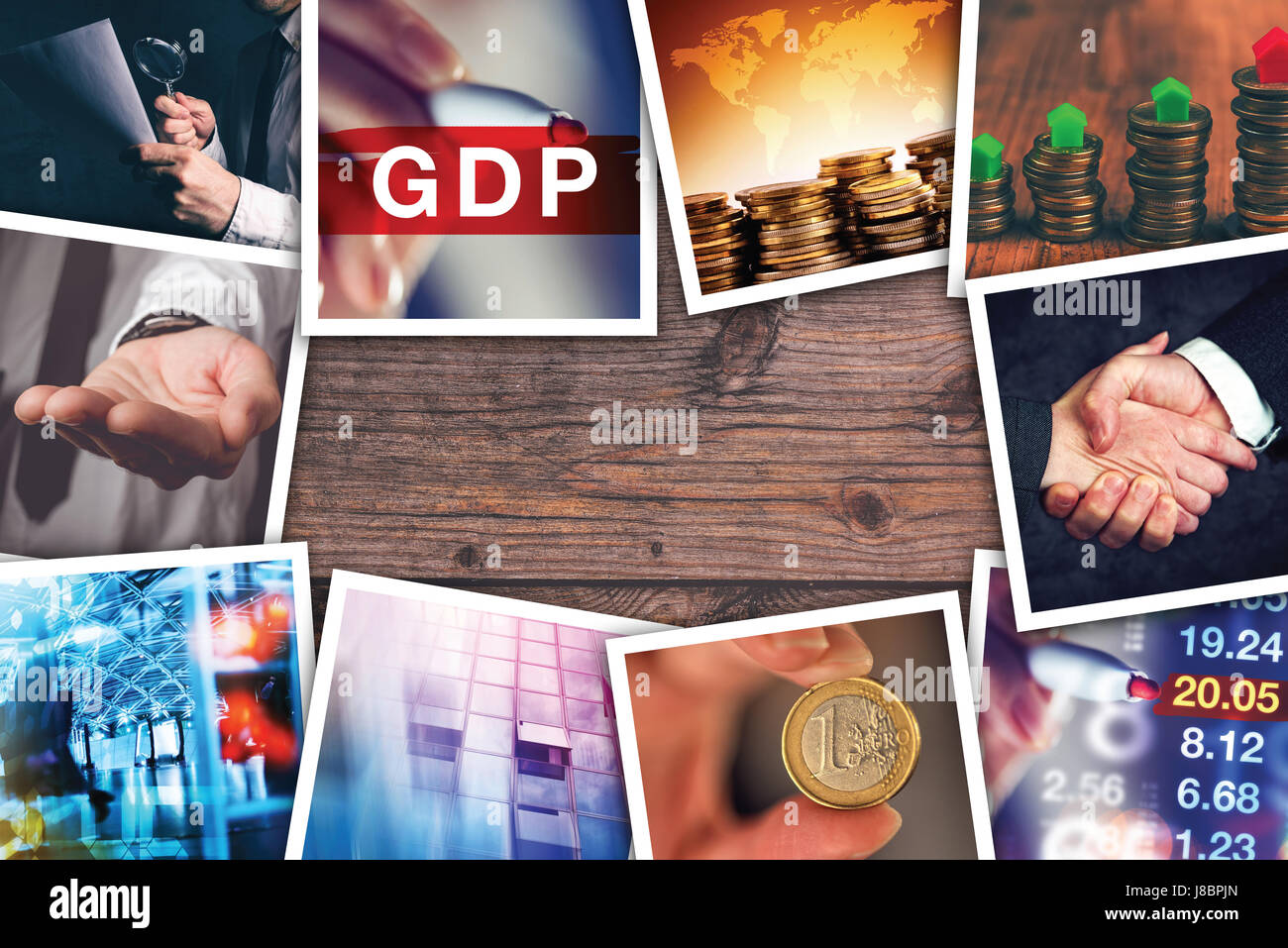 Business and entrepreneurship photo collage over office desk background ...