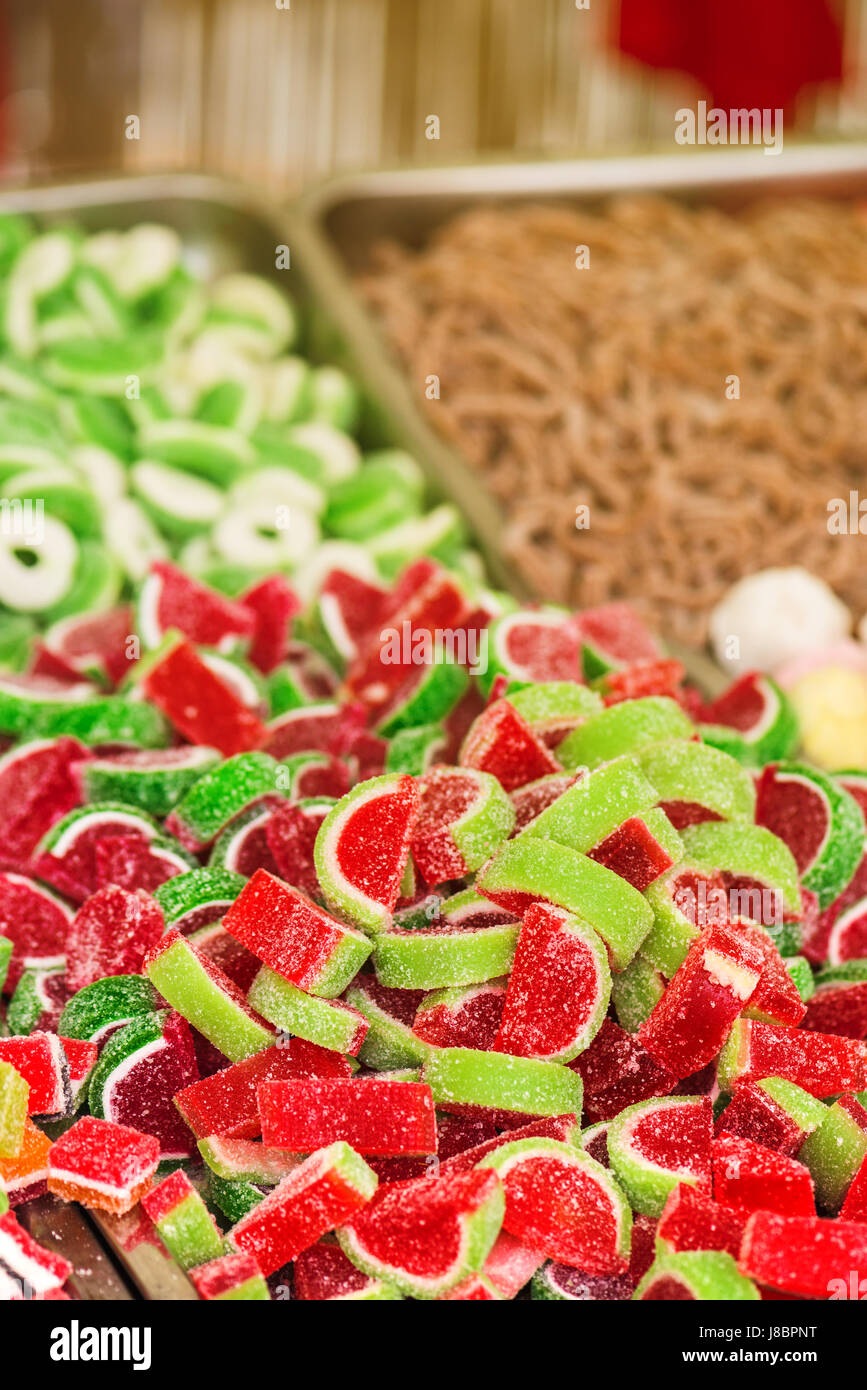 Sweets on street market, colorful candy treats in outdoor shop ...