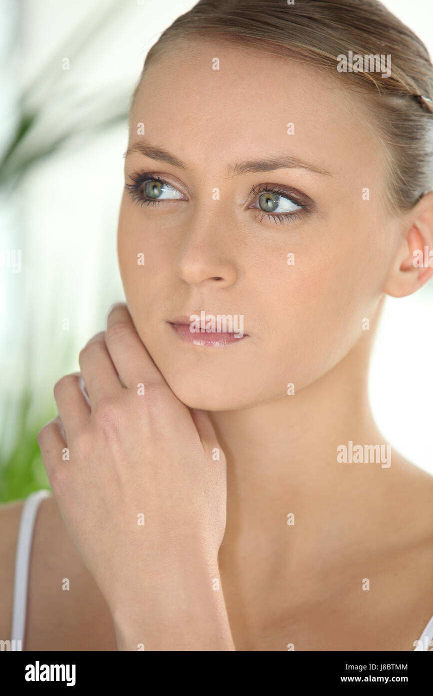 woman, blue, hand, face, skin, eyes, blank, european, caucasian, look ...