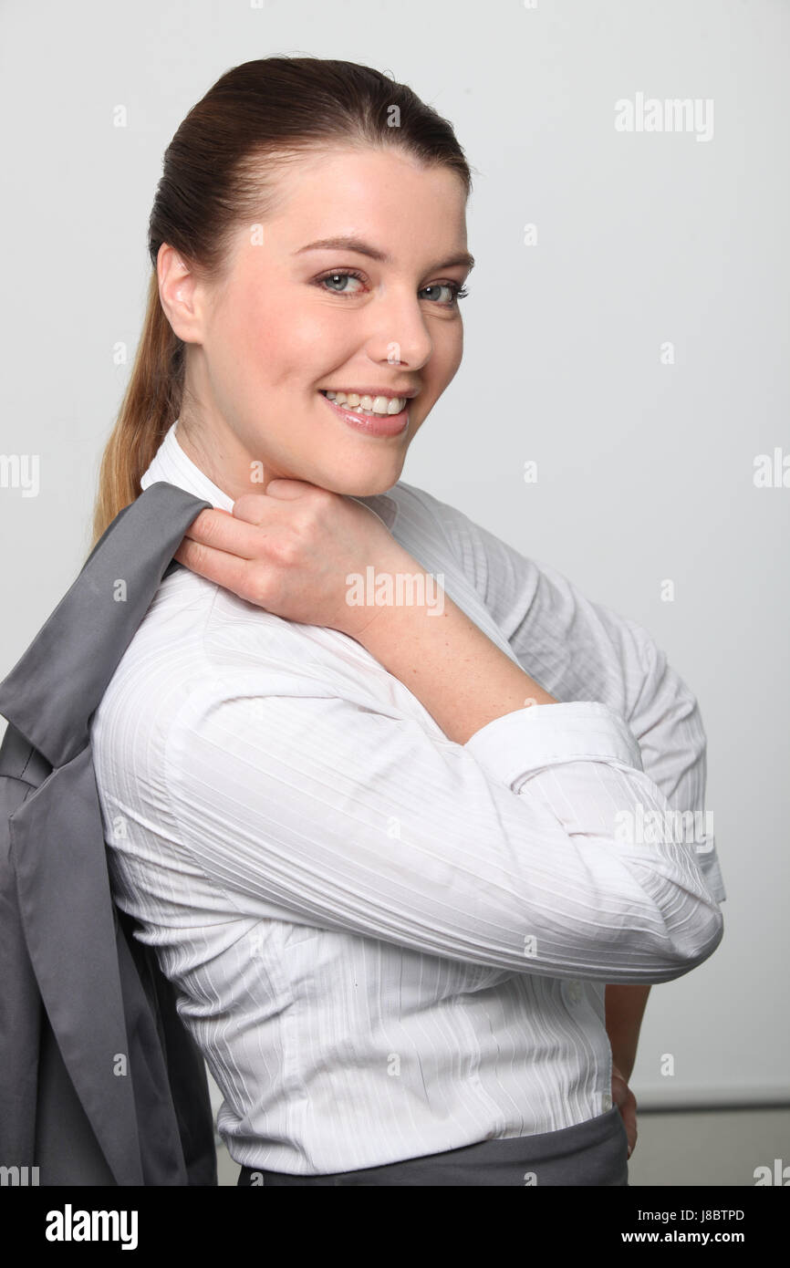 shoulder, jacket, smart, possession, holding, businesswoman, young ...