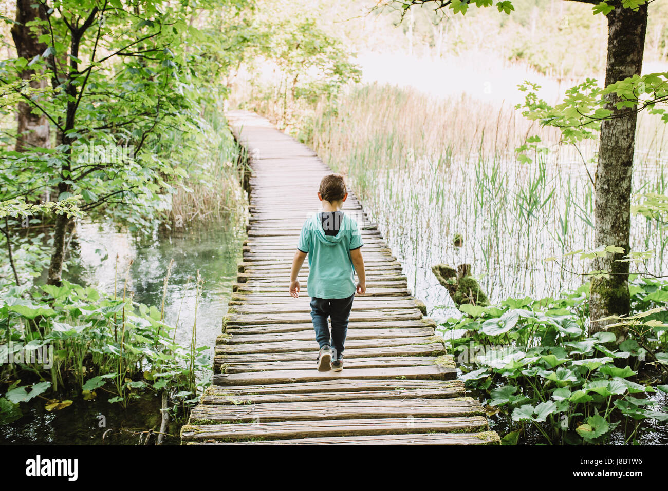 Boy walking on a wooden path throught nature Stock Photo - Alamy