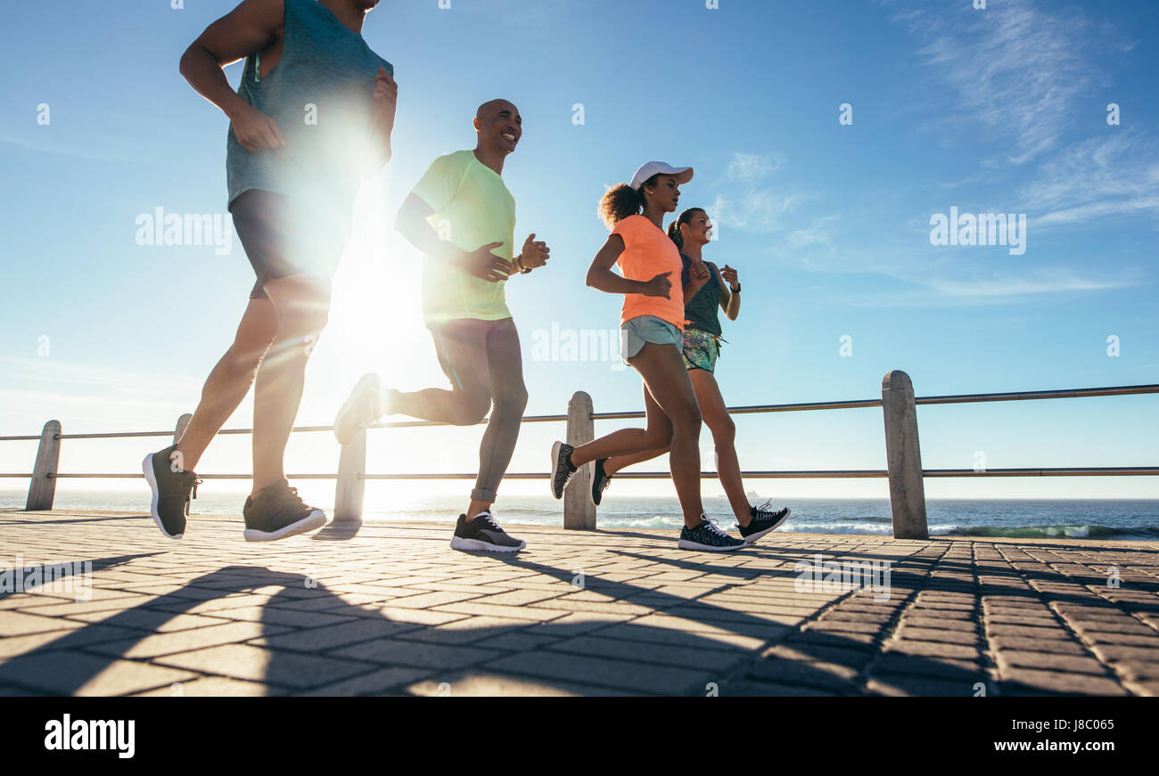 Shot of young runners workout on the sea front path. Running club group ...