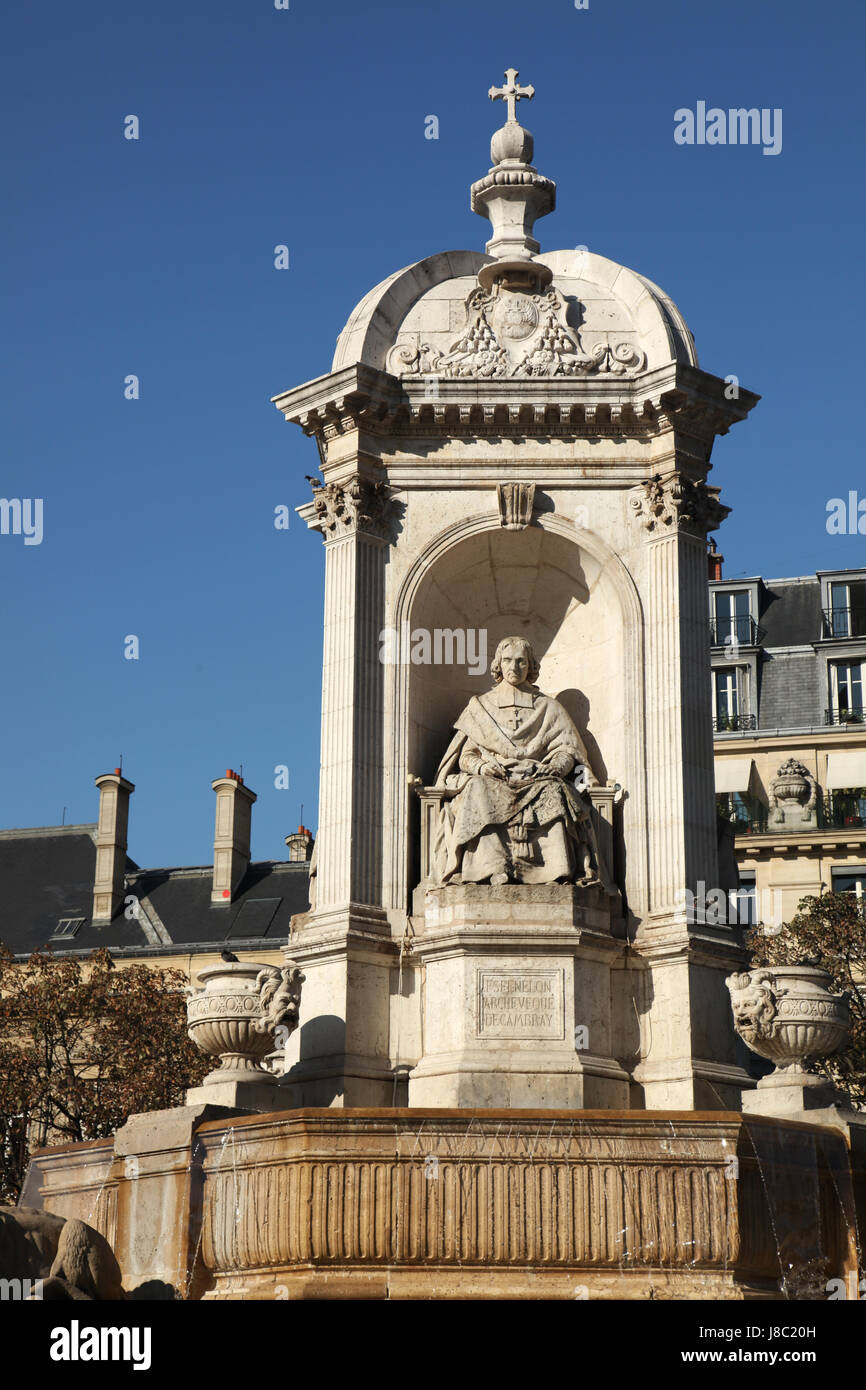 statue, paris, fountain, fountain, lions, bronze, archbishop, writer ...