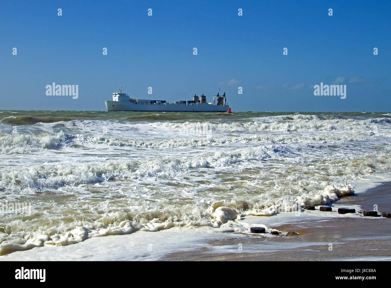 container ship, beach, seaside, the beach, seashore, water, north sea ...