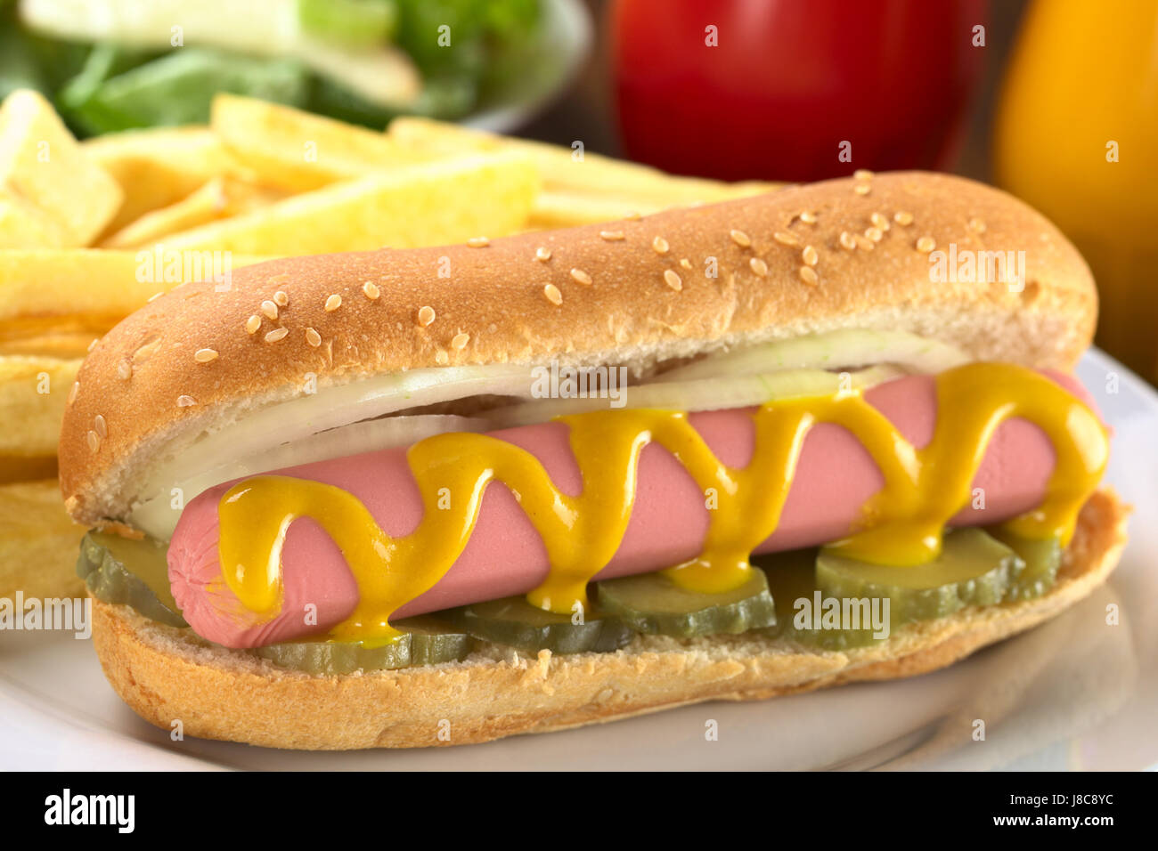 food, aliment, sausage, mustard, bun, frankfurter, hot dog ...