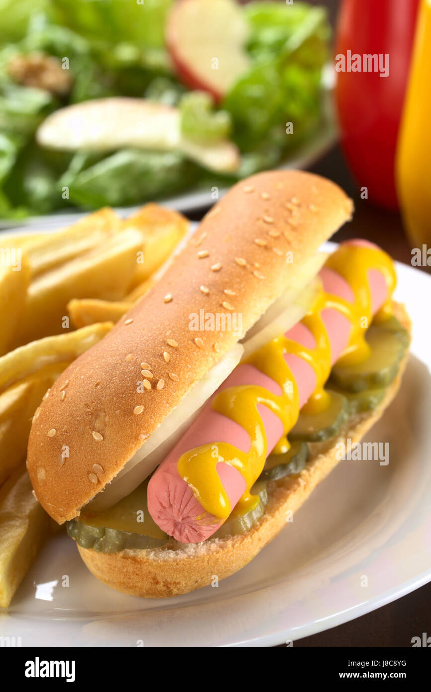 food, aliment, sausage, mustard, bun, frankfurter, hot dog ...