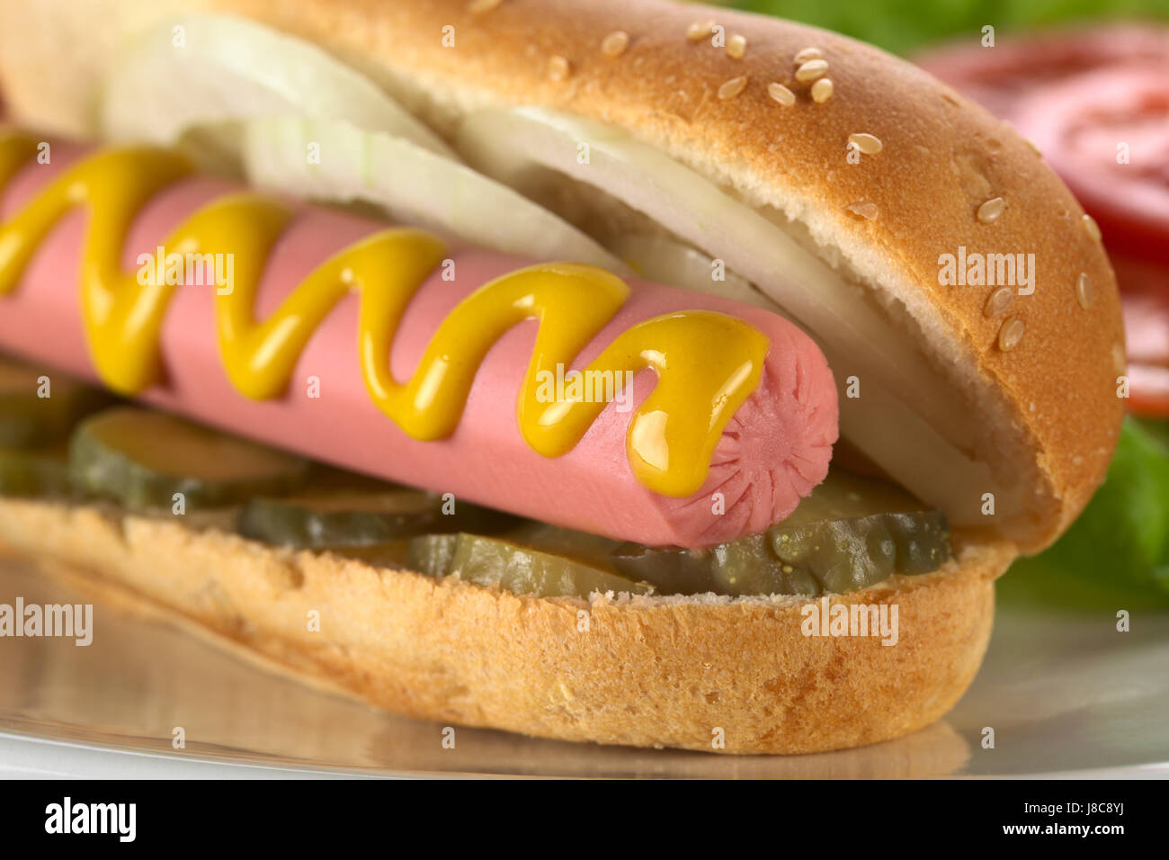 food, aliment, sausage, mustard, bun, frankfurter, hot dog ...