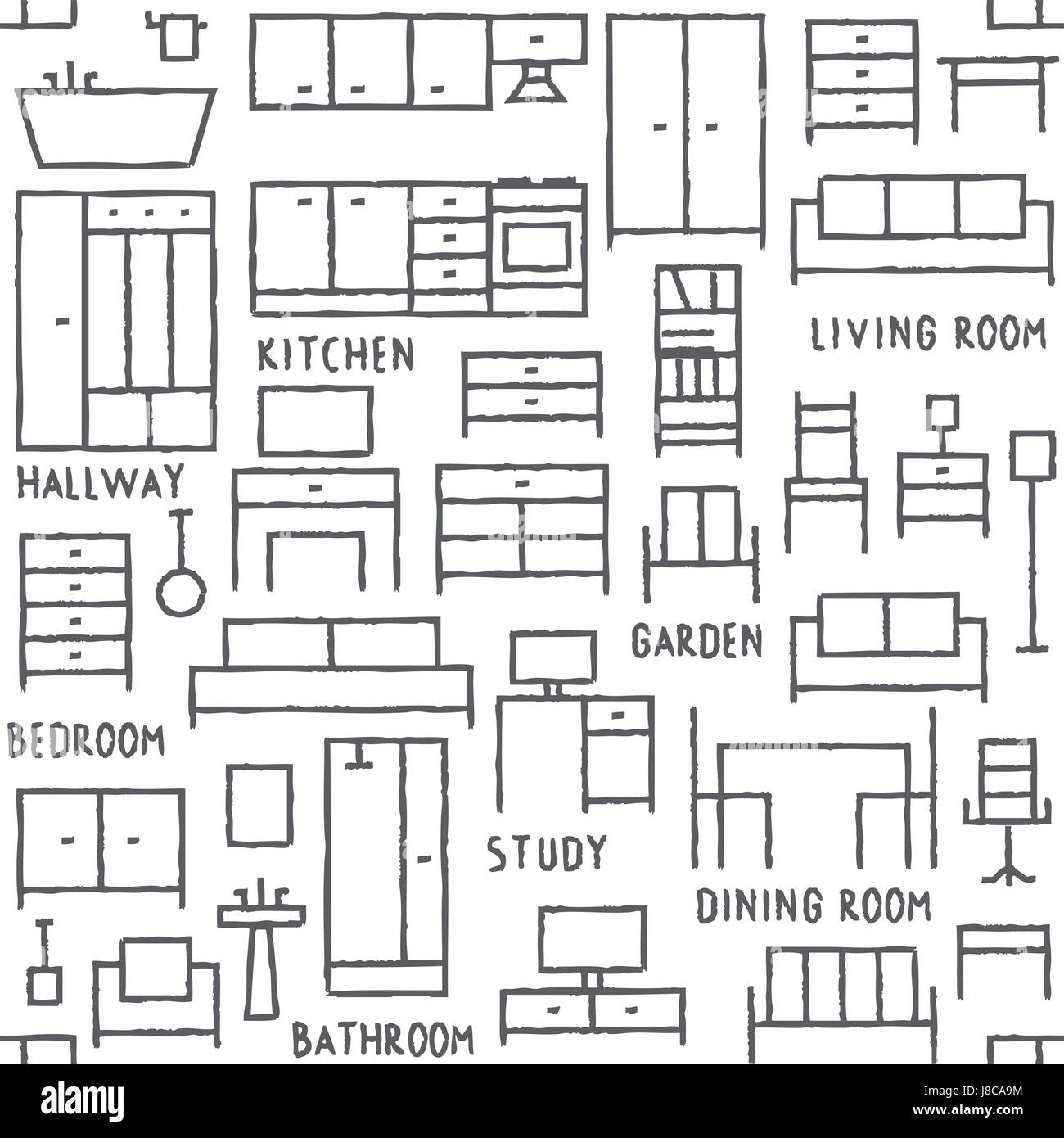 Hand drawn furniture themed vector seamless pattern background Stock ...