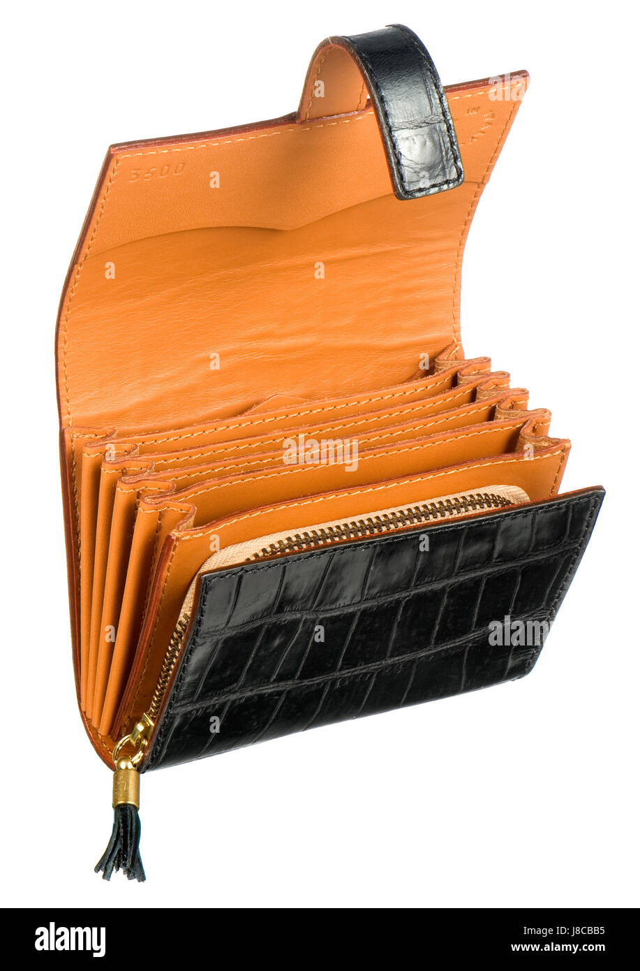 Open leather wallet or purse with a concertina design giving ...
