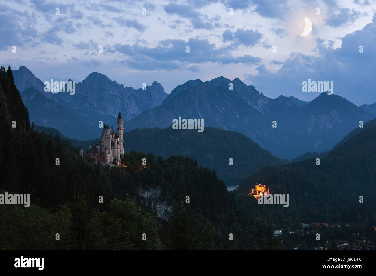 World-famous Neuschwanstein Castle at night, Germany, European landmark ...
