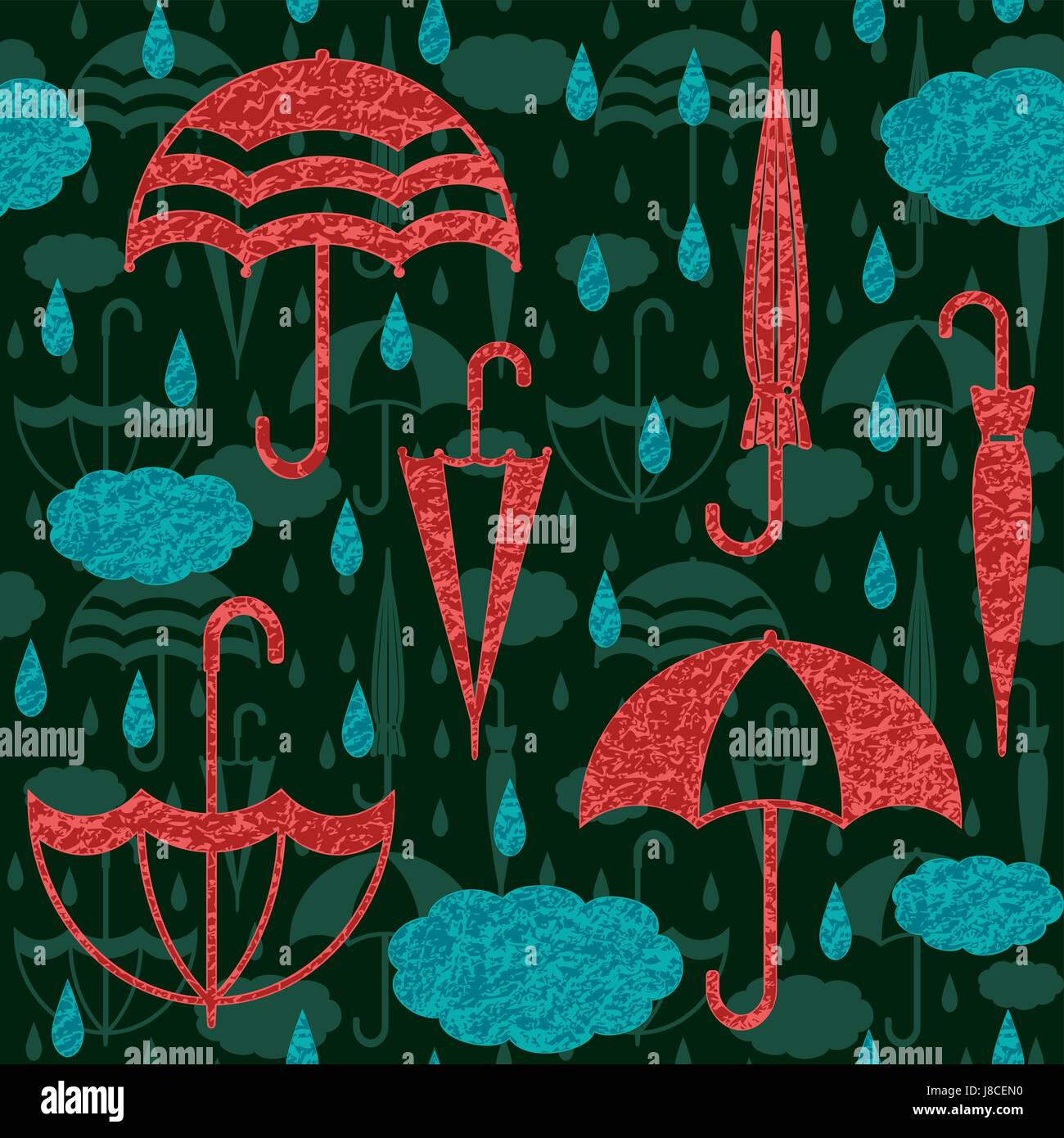 Umbrellas with clouds and raindrops vector seamless pattern background ...