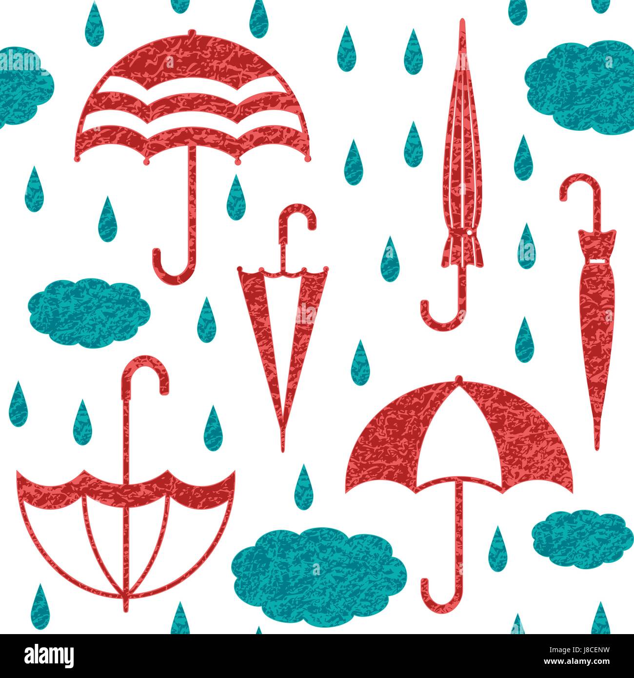 Umbrellas with clouds and raindrops vector seamless pattern background ...