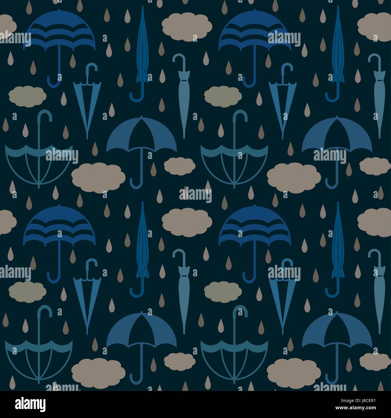 Umbrellas with clouds and raindrops vector seamless pattern background ...