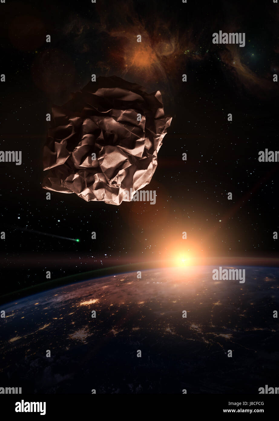 Garbage in space concept. Crumbled paper meteorite over the dark planet ...