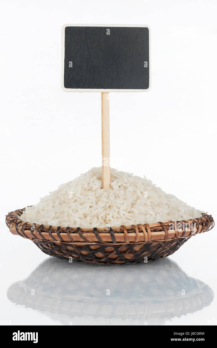 Plate with a bunch of rice grains and its reflection and price tag ...