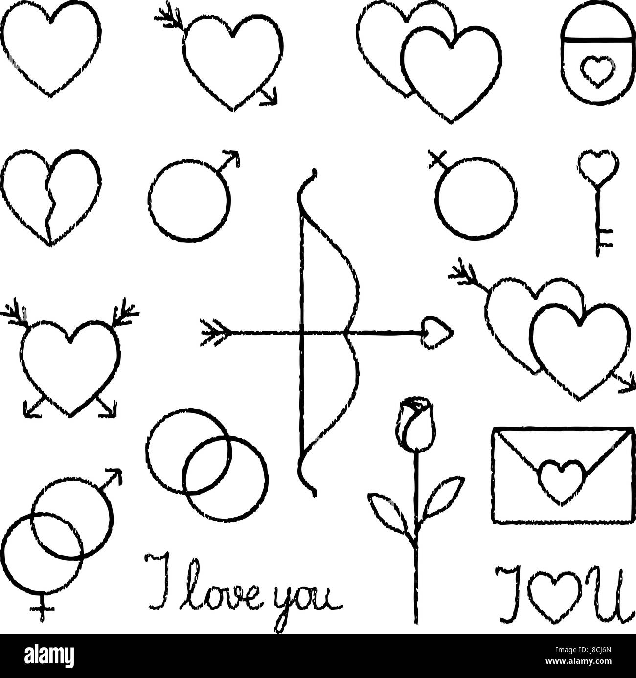 Romantic love vector hand drawn outline icons set 2 Stock Vector Image ...