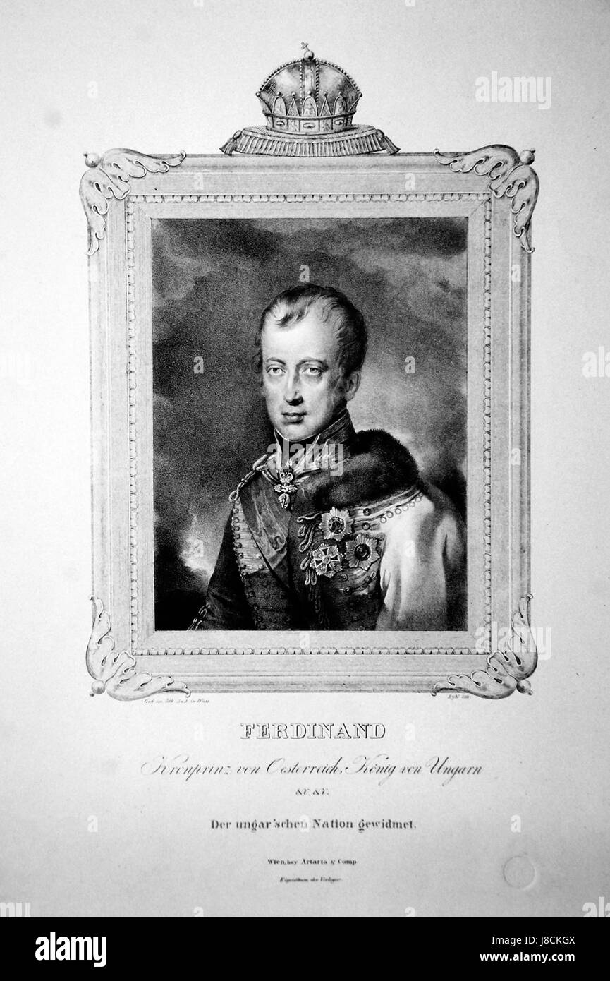 This lithograph features Ferdinand I of Austria, who reigned from 1835 ...