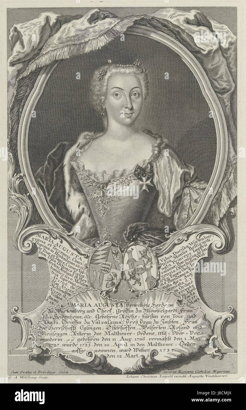 This engraving portrays Maria Augusta, likely a historical figure ...