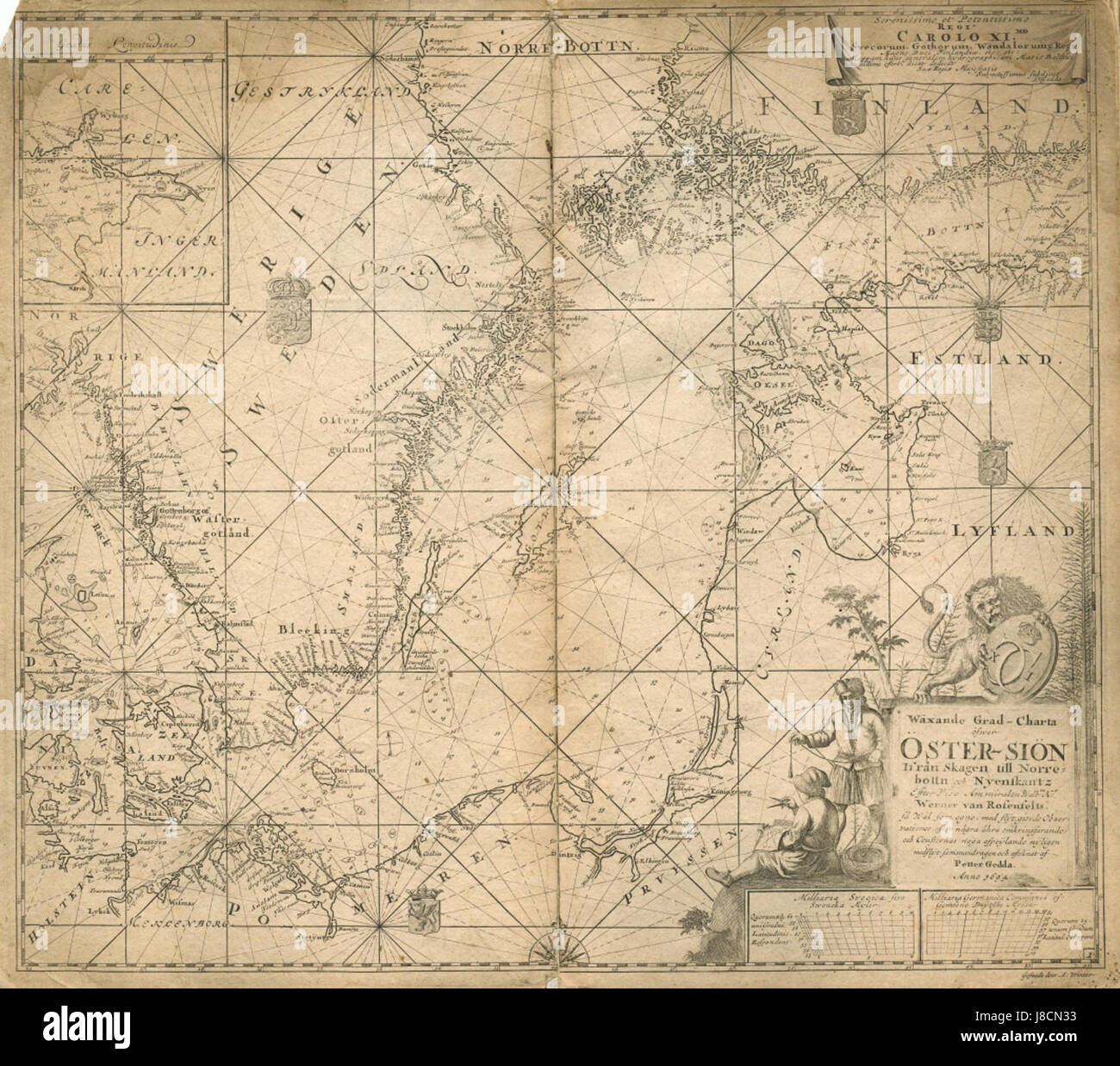 A 1694 map of the Baltic Sea, illustrating the geographical features ...