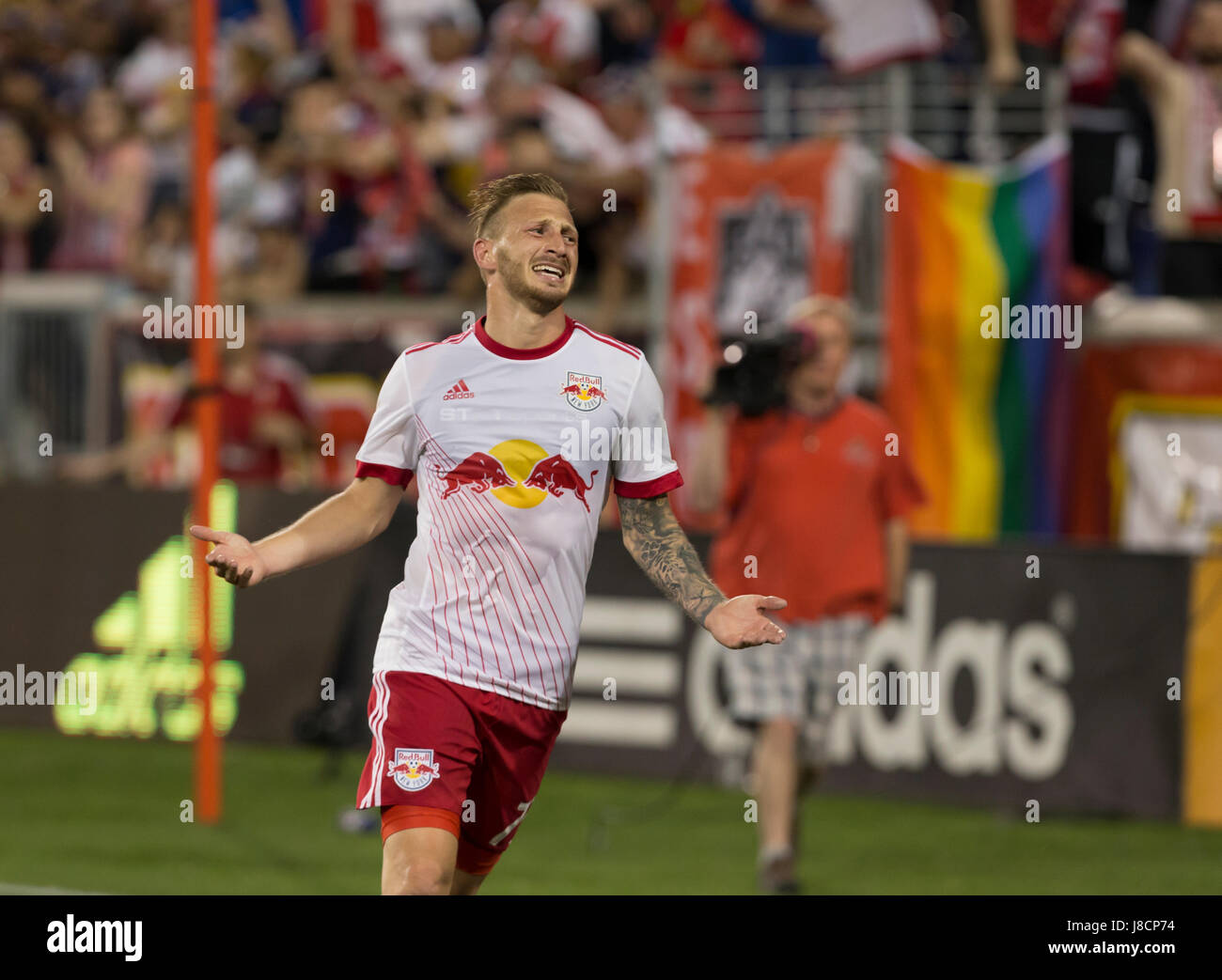 Daniel Royer (77) of Red Bulls celebrates scoring goal during MLS game ...