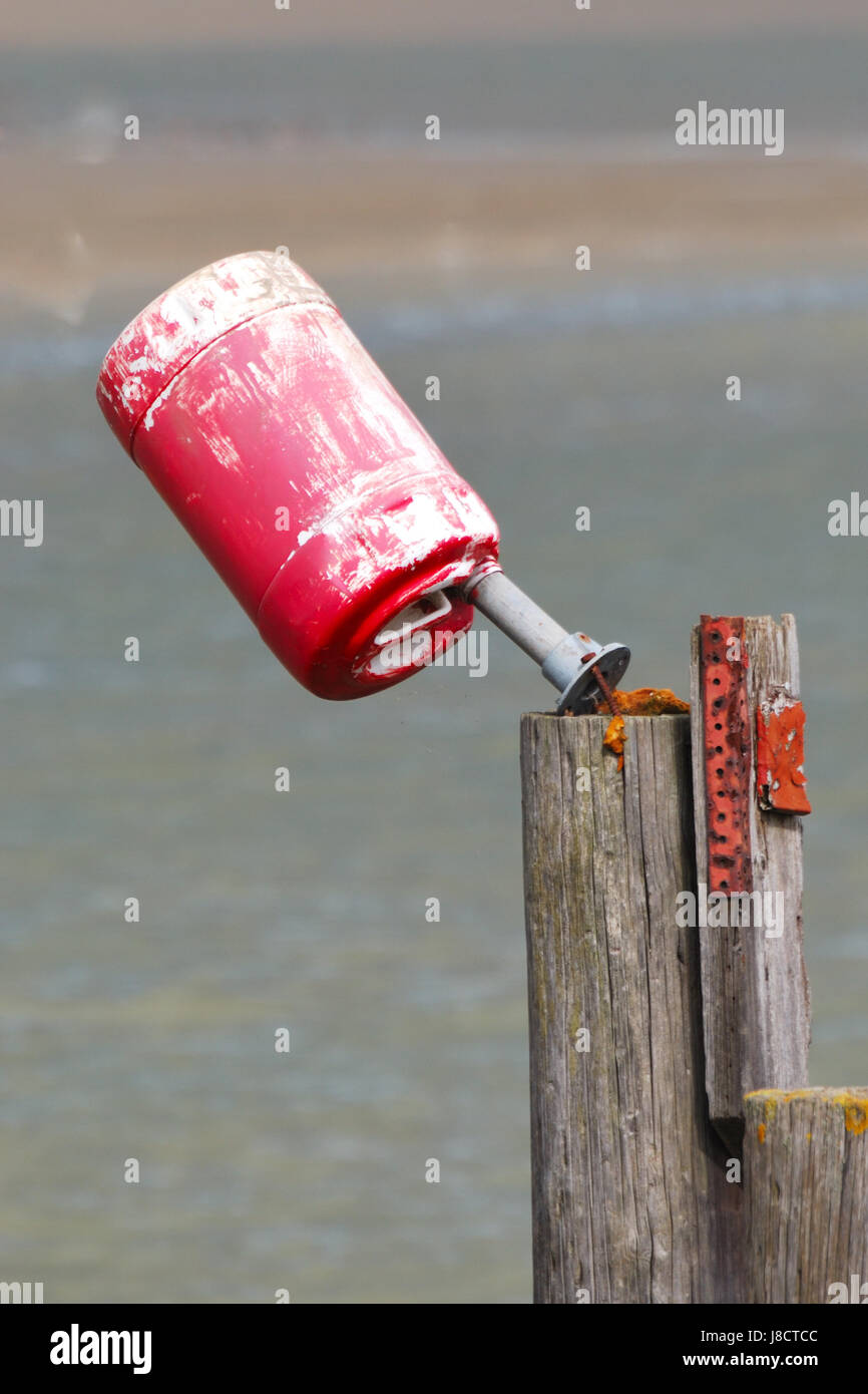 bucket, coast, jetty, wooden, red, river, water, bucket, coast, warning ...