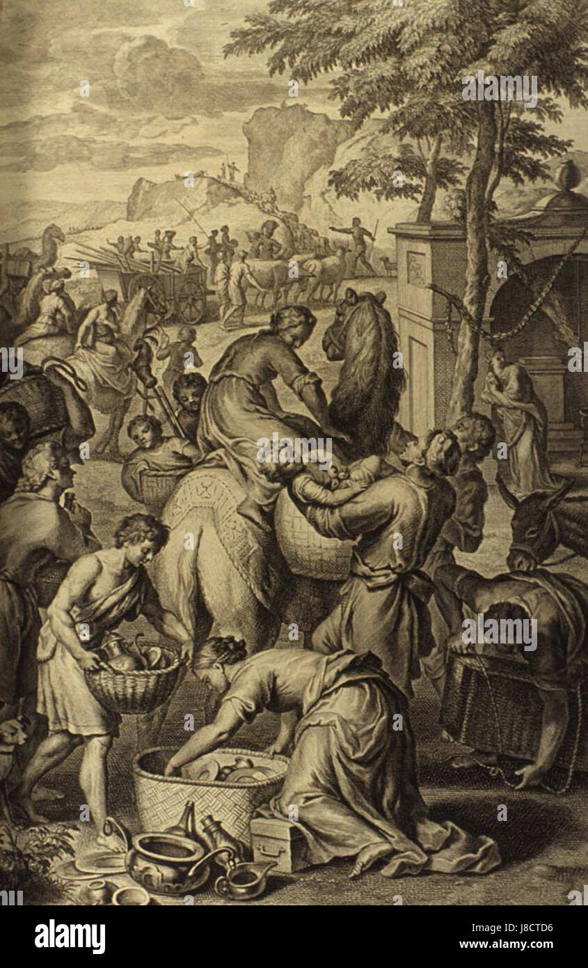 This artwork depicts the biblical story of Jacob fleeing from Laban, a ...