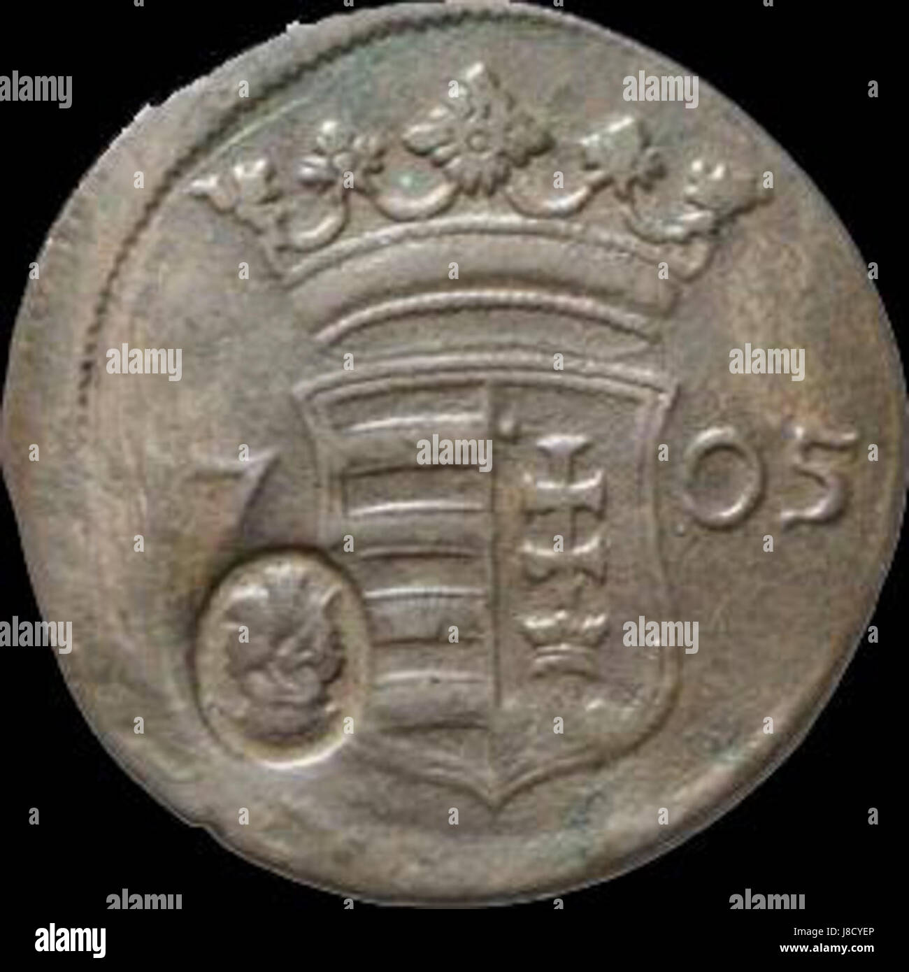 This historical coin from 1705 features the obverse side of the Hun ...