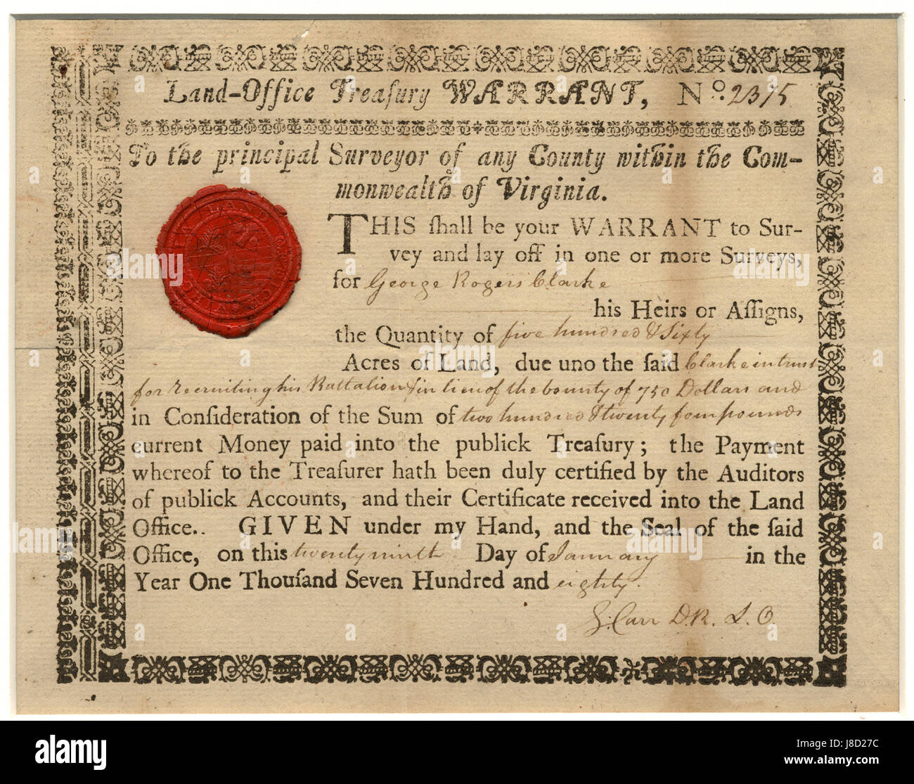 Land Office Treasury Warrant George Rogers Clark 1780 Stock Photo - Alamy