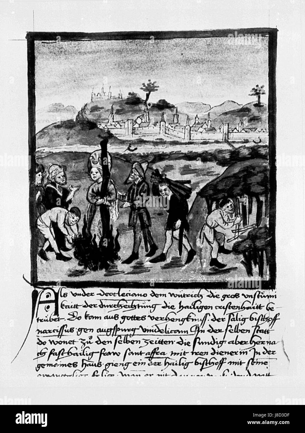 An artwork depicting the martyrdom of Saint Afra, illustrating her ...