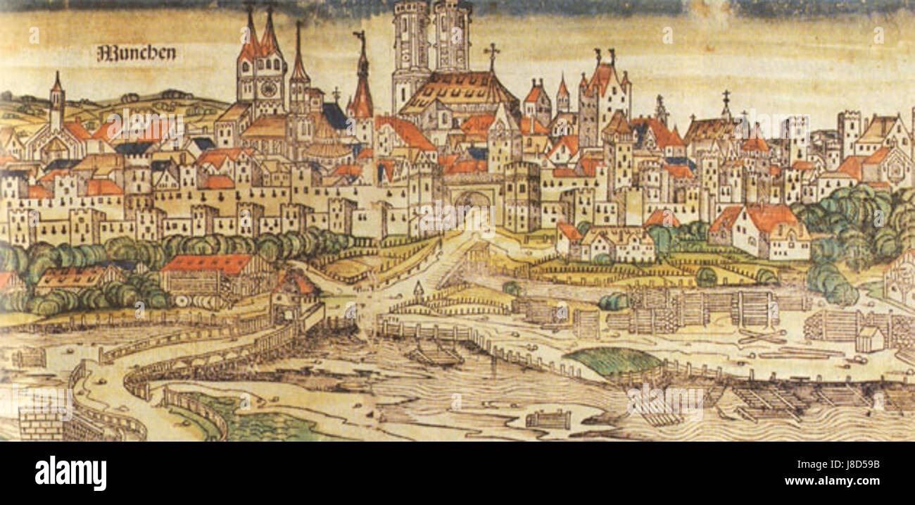 The 1493 map of Munich (Muenchen) showcases the medieval layout of the ...