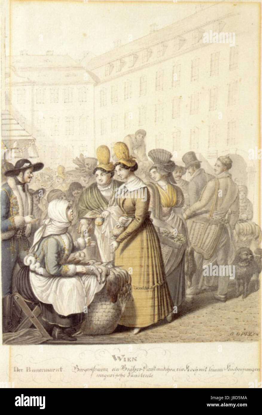 A painting by Georg Emanuel Opitz depicting a bustling farmers' market ...