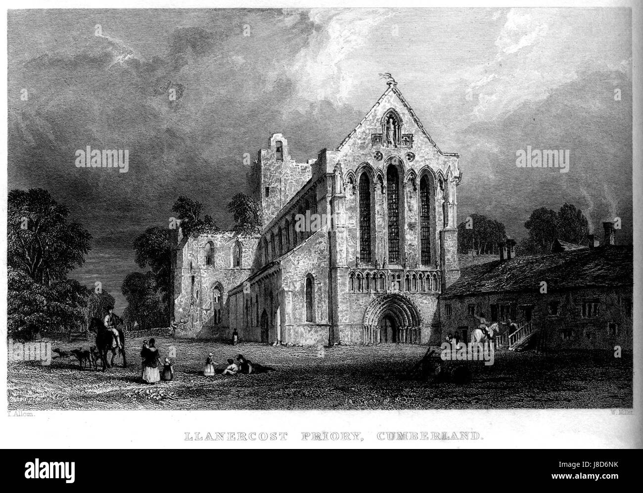 This engraving depicts Llanercost Priory in Cumberland, England ...