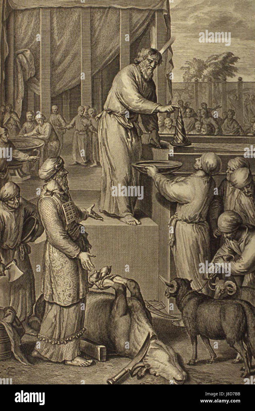 This biblical scene from the Book of Leviticus depicts Moses ...