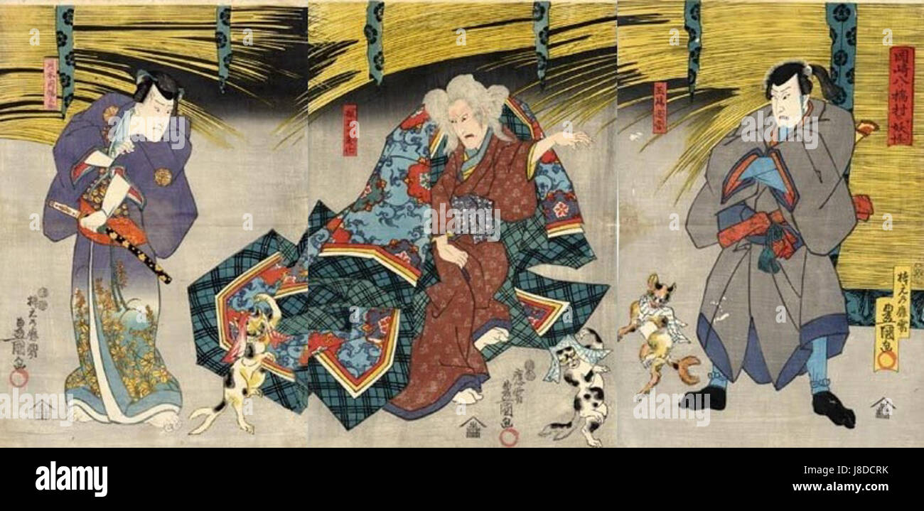 Kunisada's Nekomata, created in 1847, features a mythical two-tailed cat spirit from Japanese ...