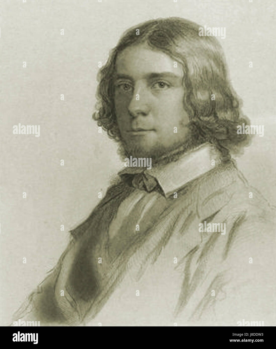 This image features a cropped portrait of James Russell Lowell, an ...