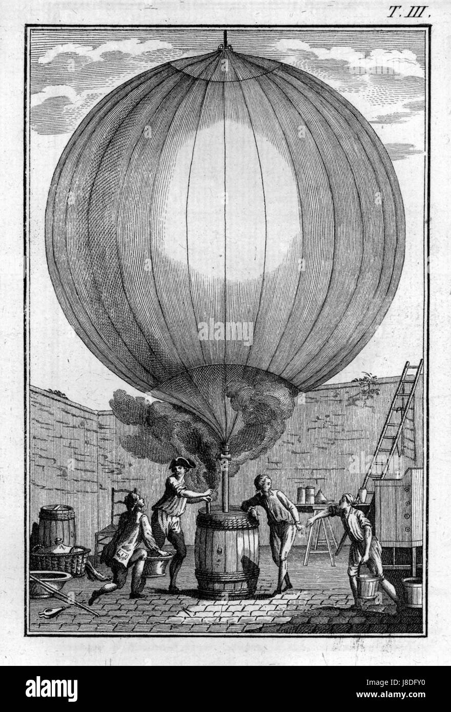 This 1784 illustration depicts the Montgolfier brothers' early hot air ...