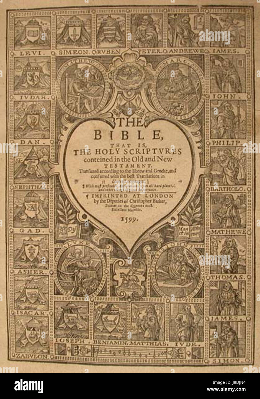 This engraved title page is from a 1599 edition of the Bible. It ...