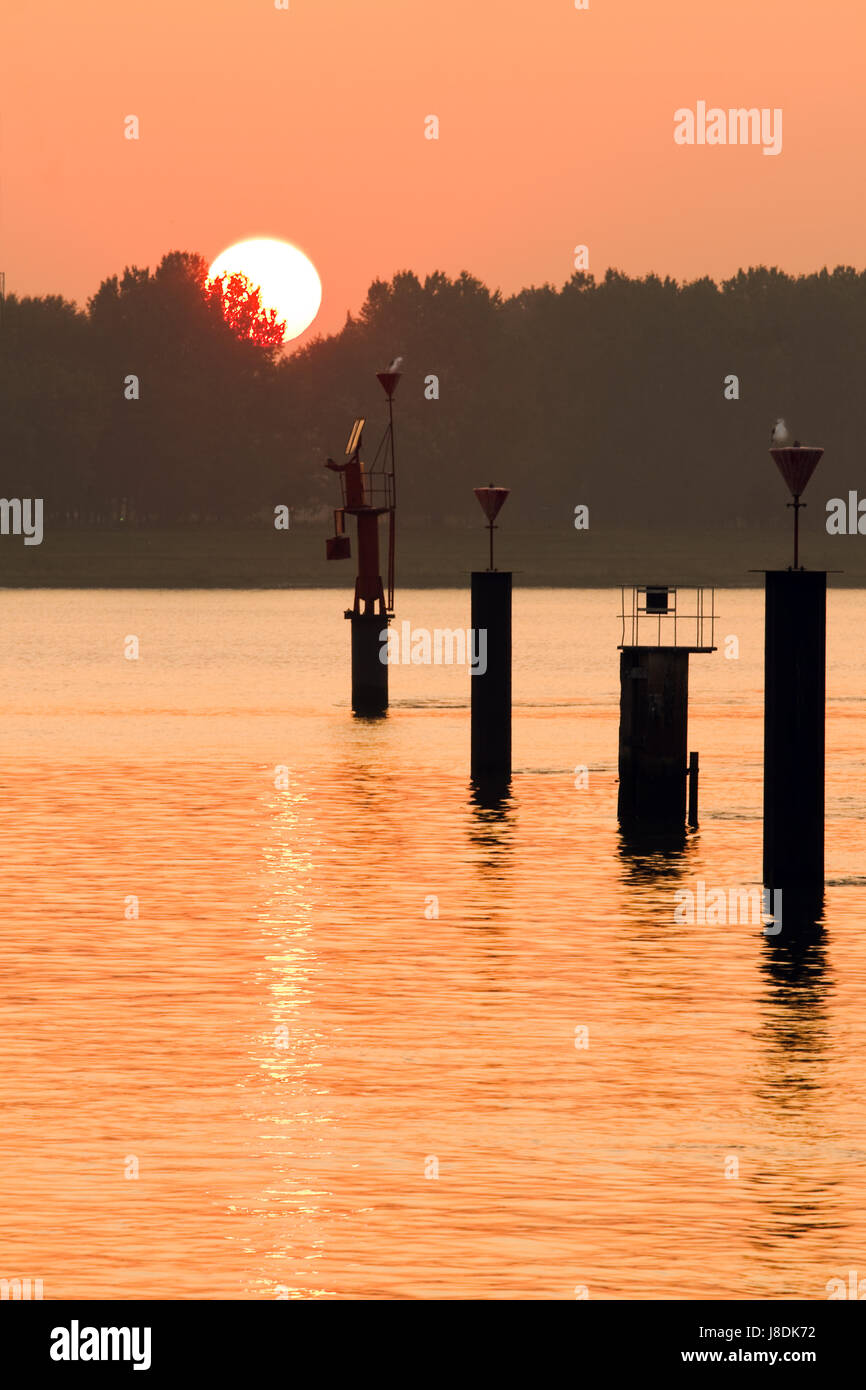 sunset, reflection, stream, silhouette, river, water, nature, orange ...