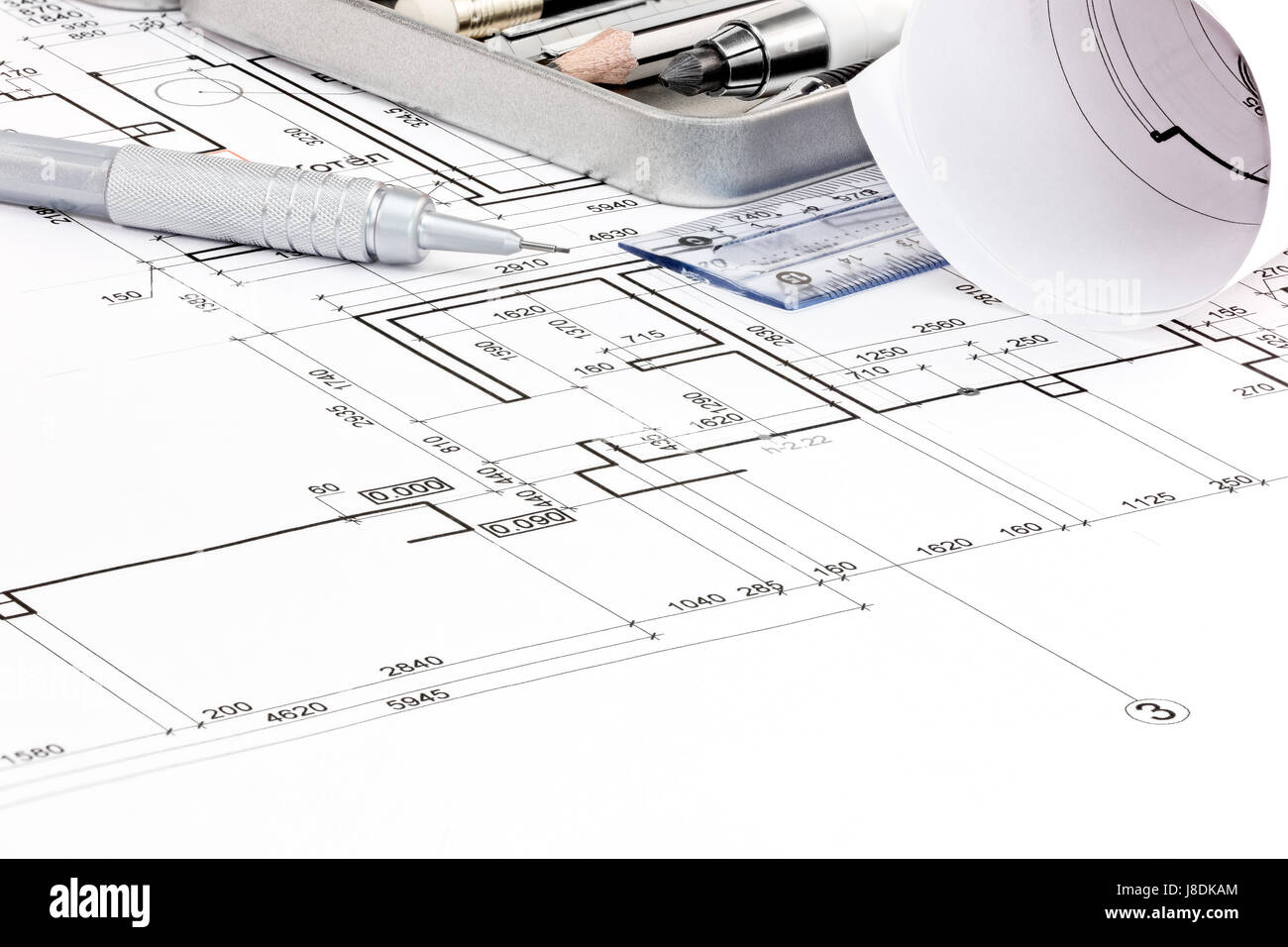 house floor plan blueprints and drawing tools macro view Stock Photo ...