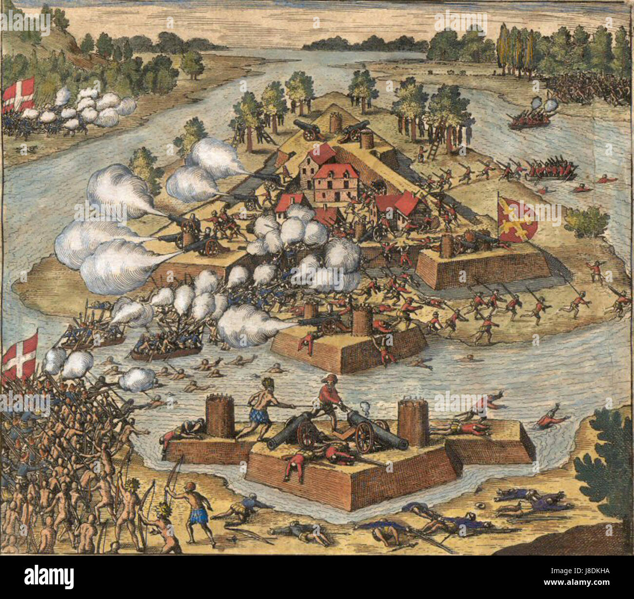 This refers to a historical engraving of Fort Caroline, a French fort ...