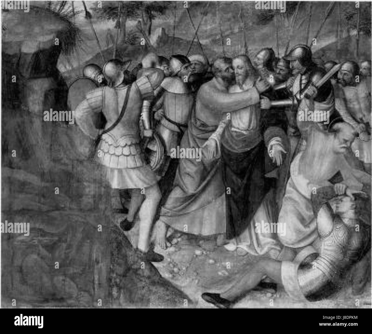 This artwork, titled 'Judas Betraying Christ' by Zoppo, depicts the ...