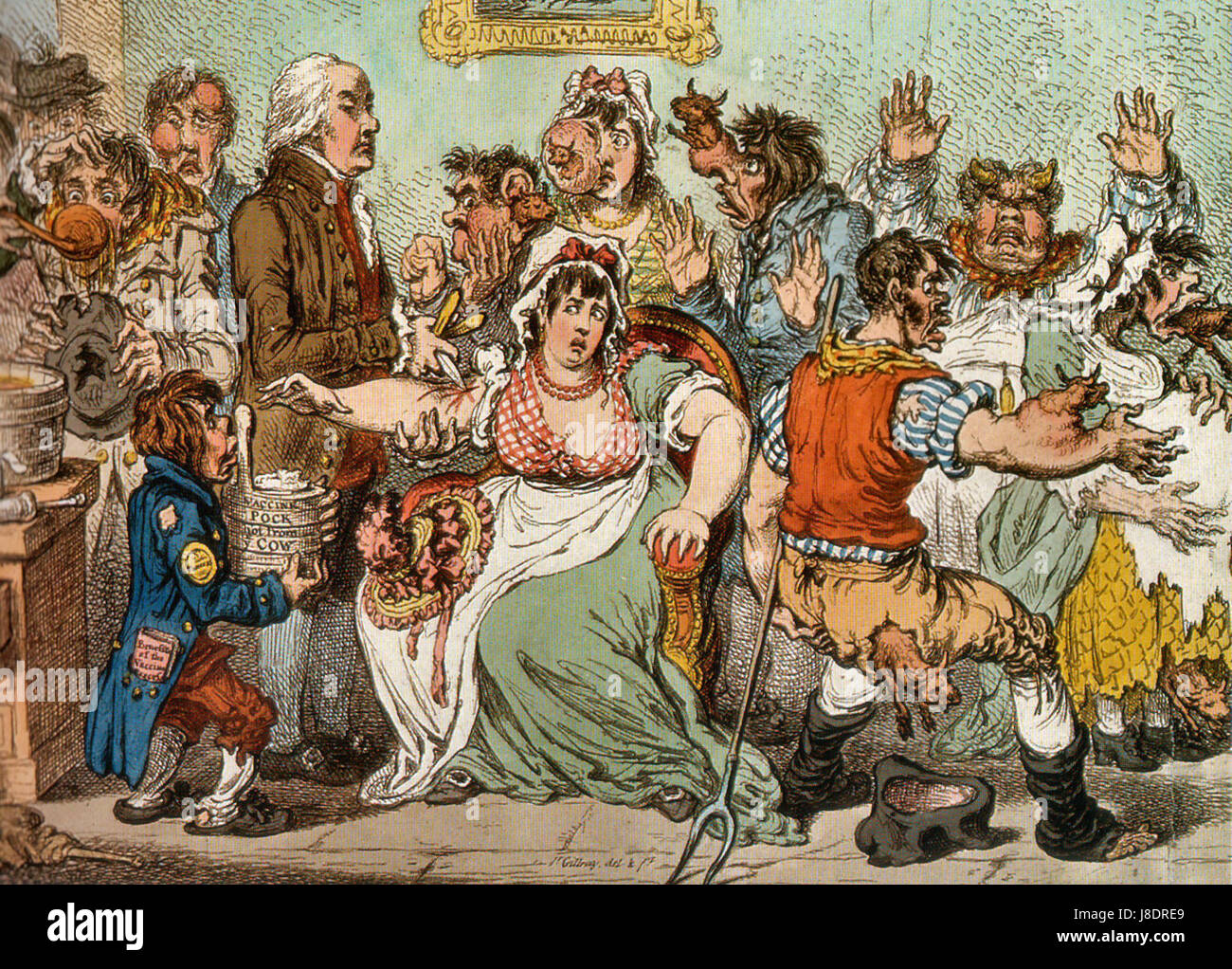 This refers to a cartoon from 1802, likely depicting Edward Jenner, the ...