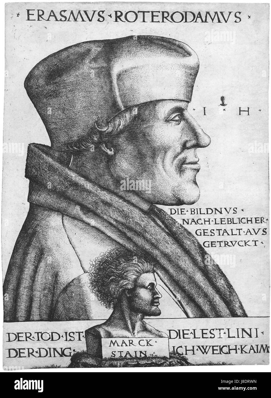 The engraving 'Bildnis des Erasmus von Rotterdam' by Hans Holbein the ...