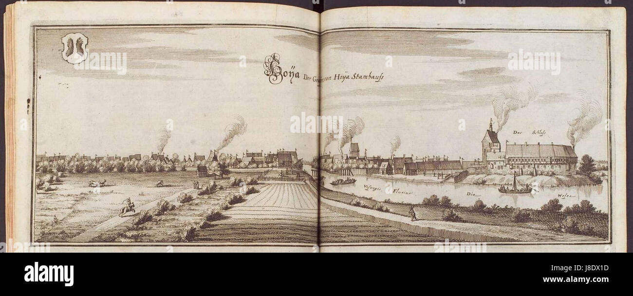 An engraving by Merian depicting the town of Hoya in 1647, showcasing ...