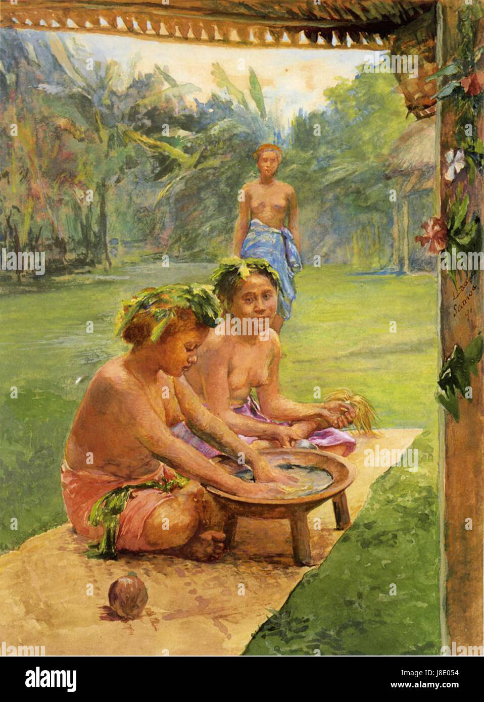 John LaFargeâ€™s painting depicts young girls preparing kava outside a ...